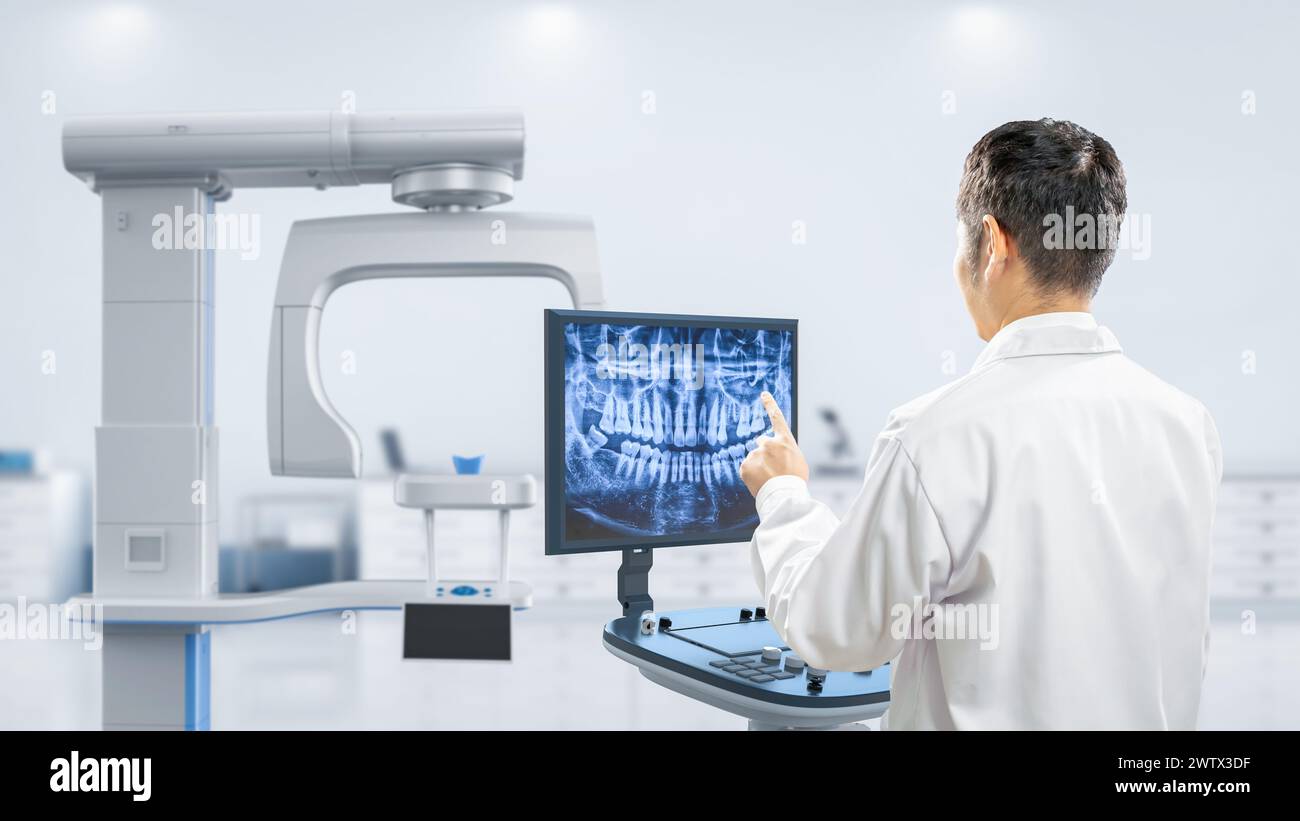 Dentist analyze digital x-ray film from scanner machine in 3d rendering ...