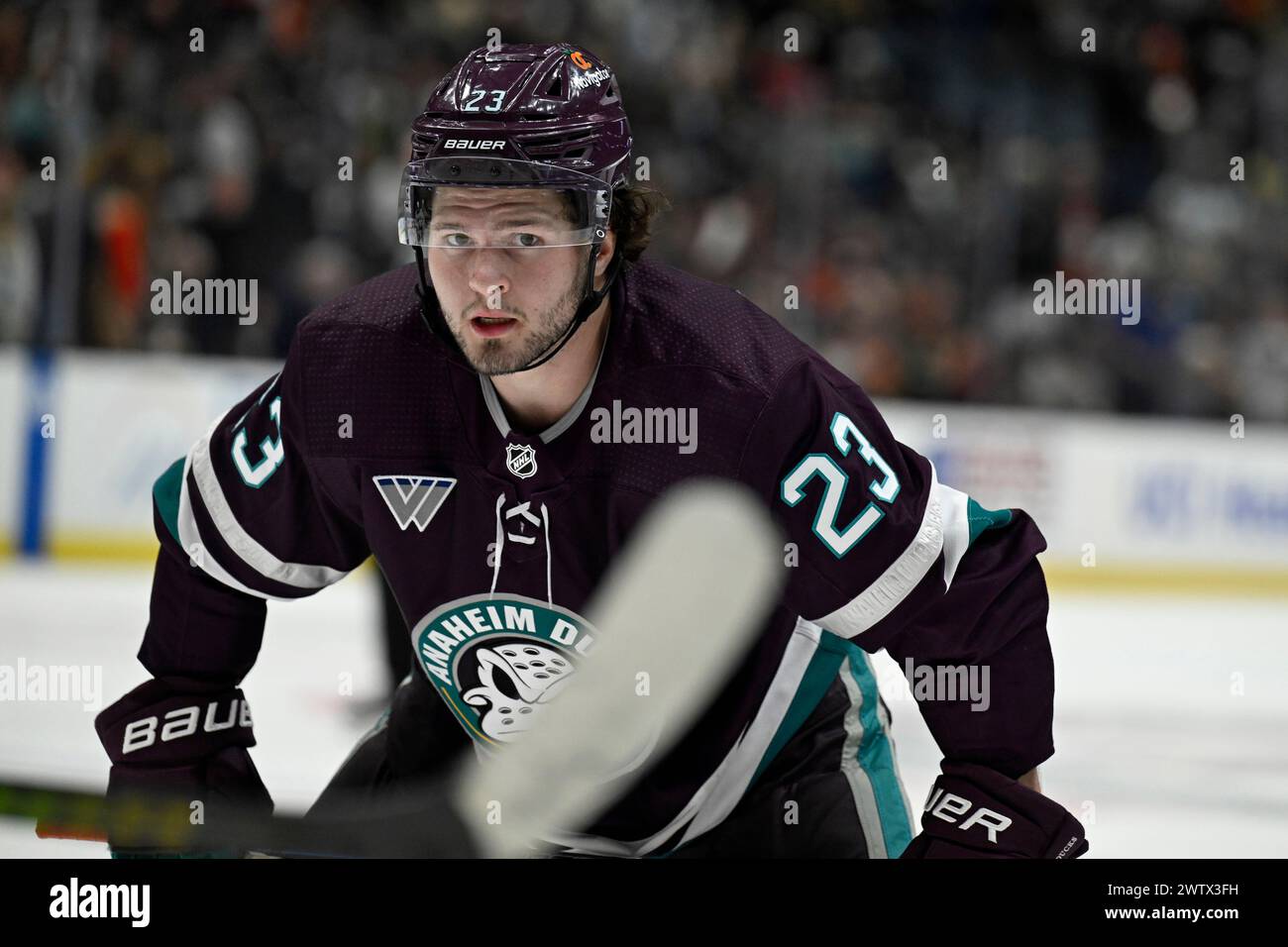 Anaheim Ducks center Mason McTavish looks over during the third period ...