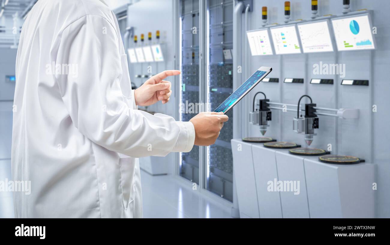 Worker or engineer wears lab coat work in semiconductor manufacturing ...