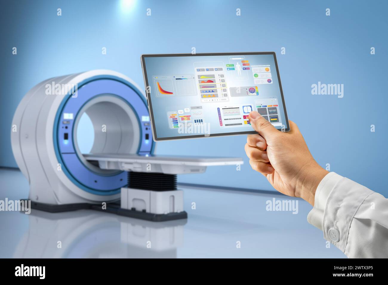 Doctor with graphic interface display in 3d rendering hospital room ...