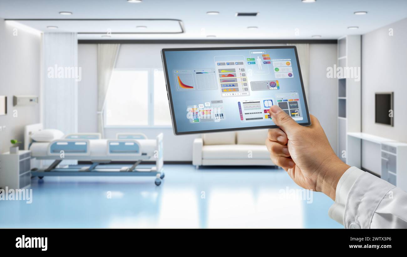 Doctor with graphic interface display in 3d rendering hospital room ...