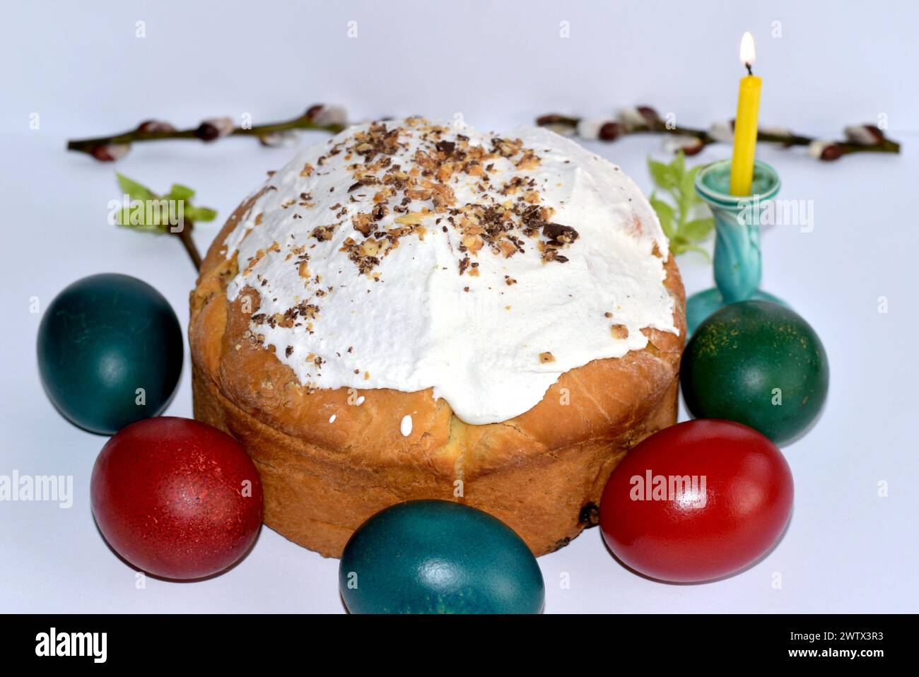 Easter cake, Easter eggs, willow branches, candles, holy water are ...