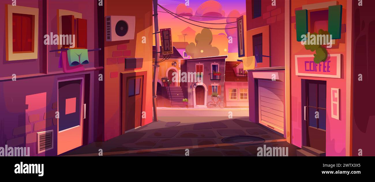 Italian town street at sunset. Vector cartoon illustration of old ...
