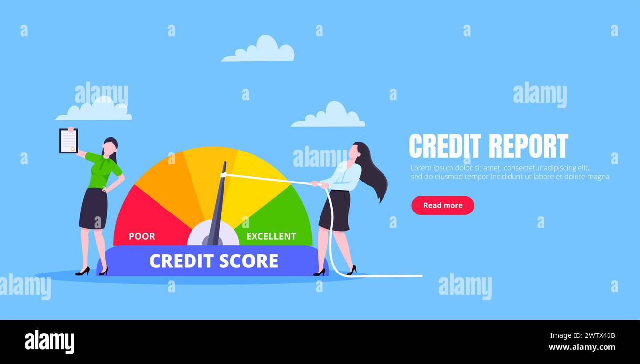 Woman pushes credit score arrow gauge speedometer indicator with color ...