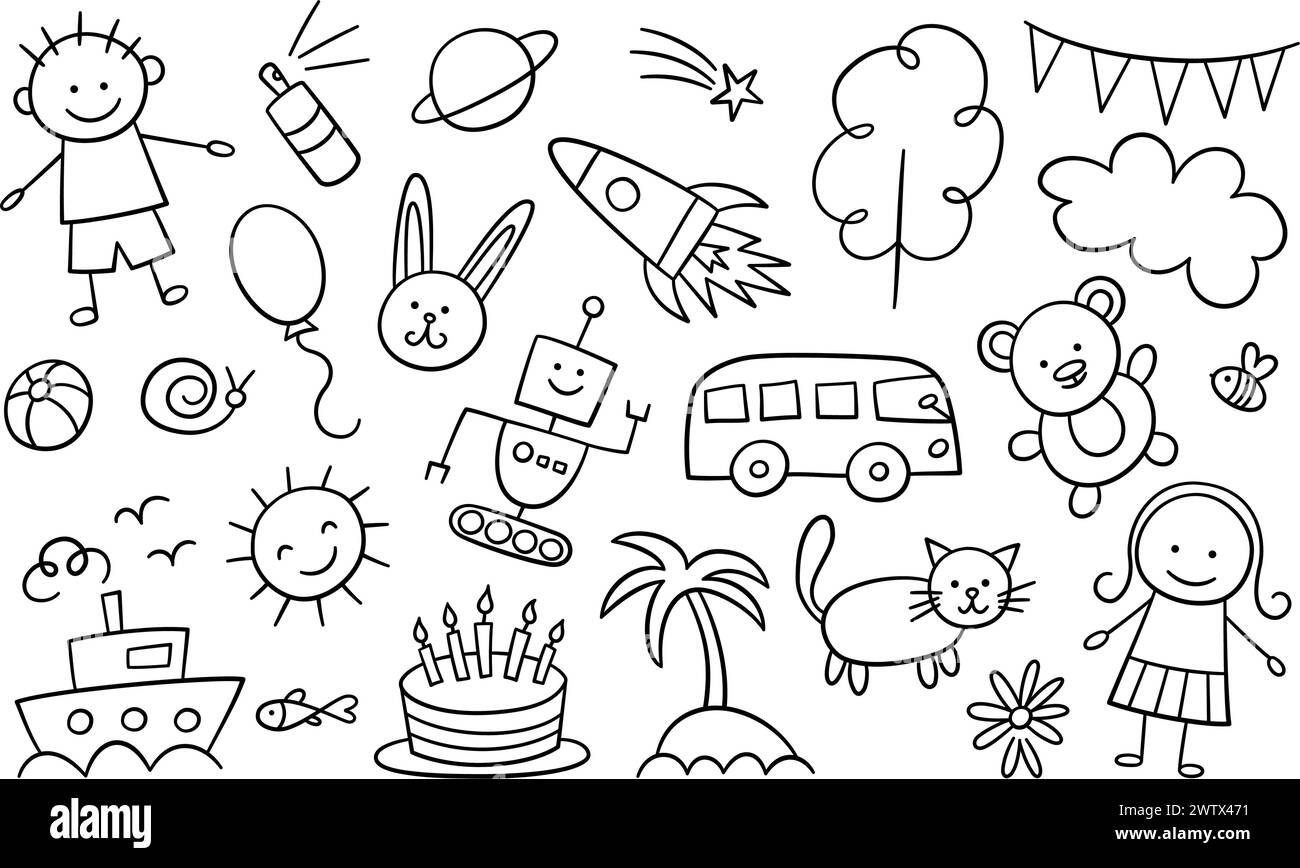 Children sketch drawing. Kid doodle elements. Boy, girl and robot. Big ...