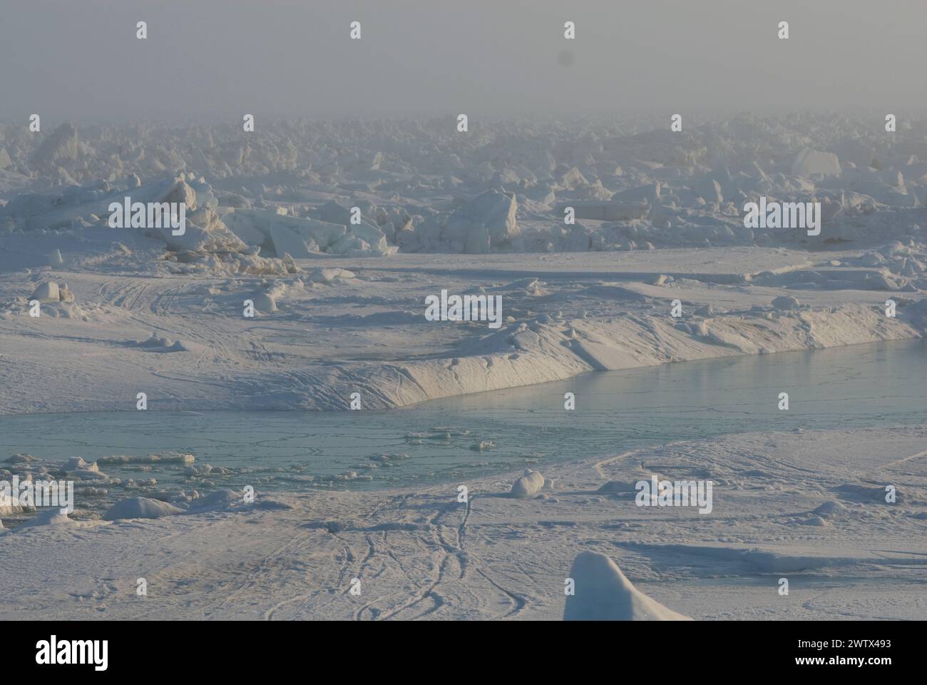 Seascape of rough trail pack ice over the Chukchi sea in springtime ...