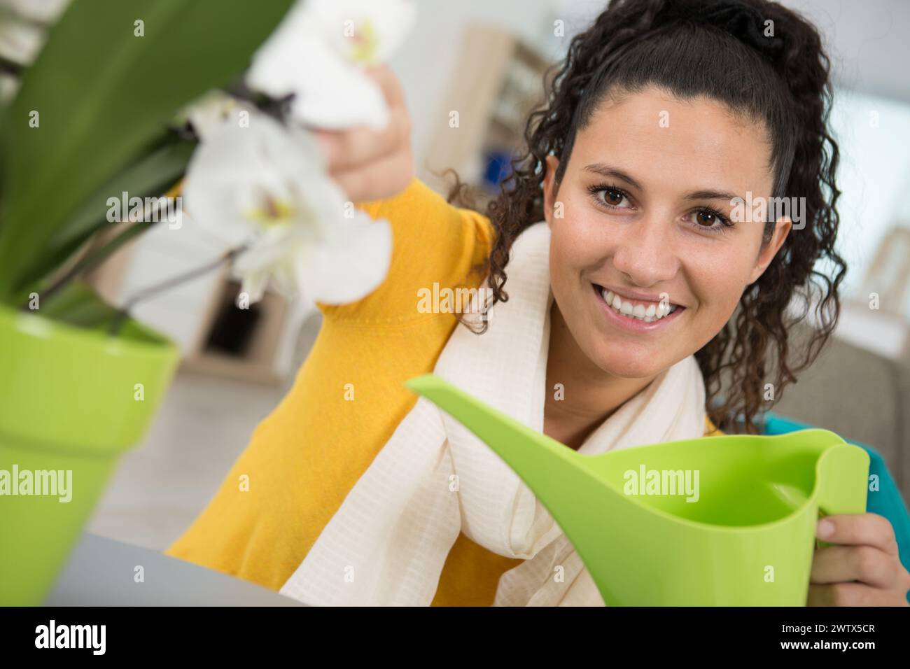 Woman carefully spraying plant hi-res stock photography and images - Alamy