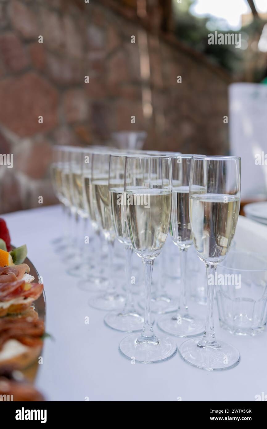 Elegant display of champagne glasses arranged for a wedding toast ...
