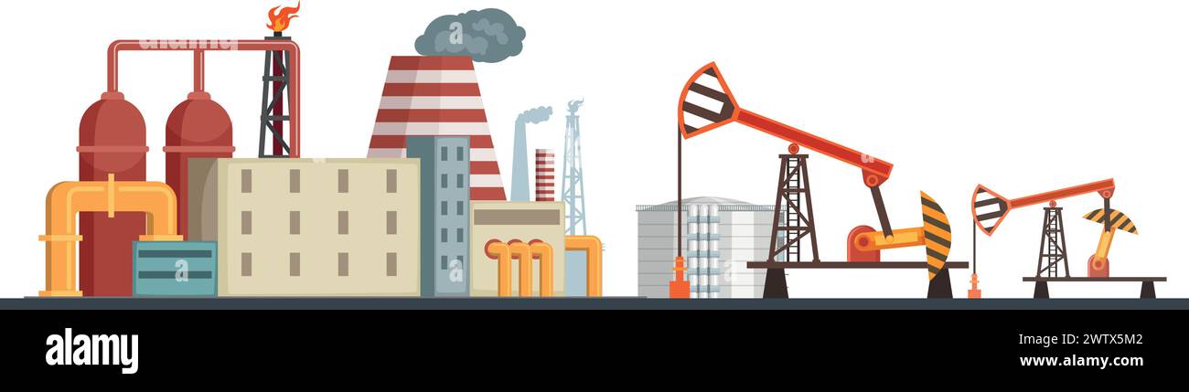 Oil mining industry buildings. Fuel refinery cartoon illustration Stock ...