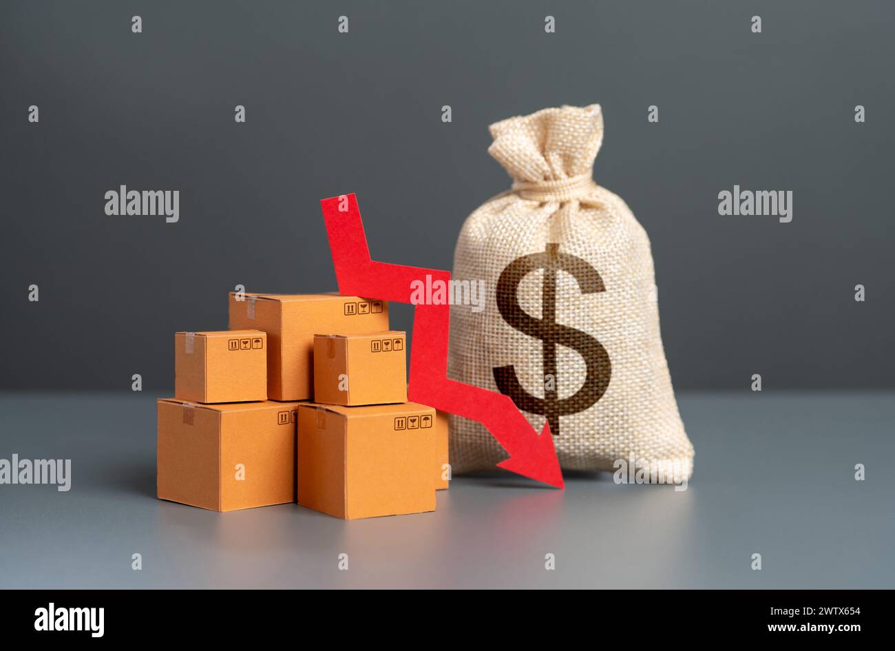 Boxes with goods and a red arrow up next to a dollar money bag ...