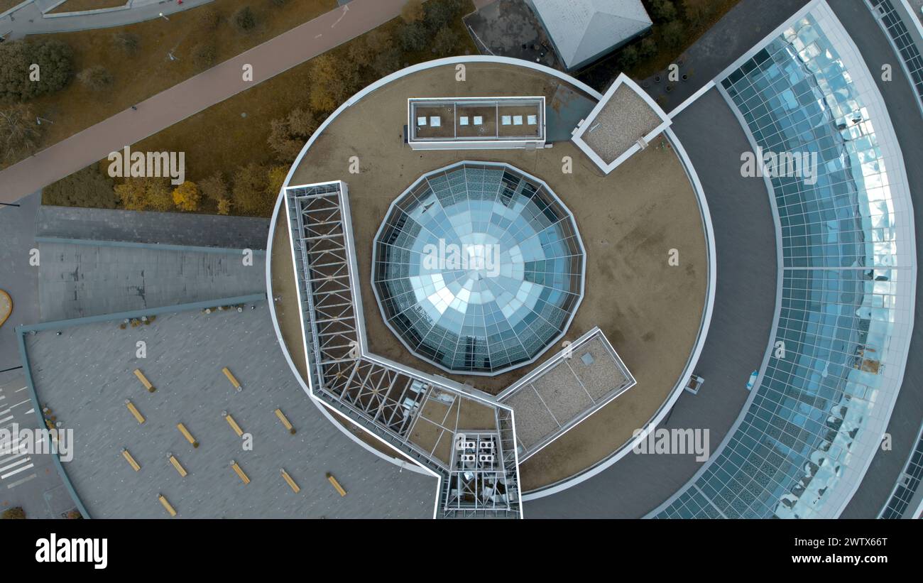 Top view of modern round building with dome. Stock footage. Beautiful ...
