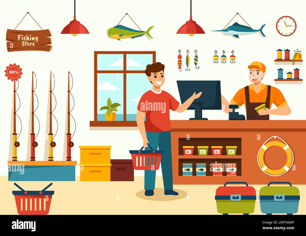 Fishing Store Vector Illustration with Selling Various Fishery ...