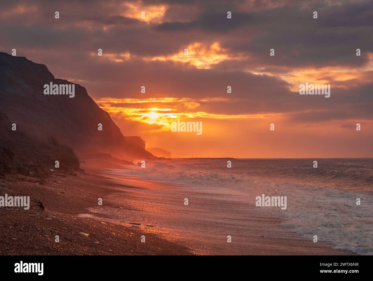 Dawn at Eype beach on the Dorset Jurassic coast south west England UK ...