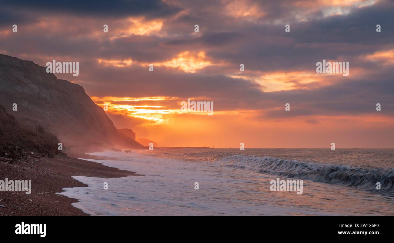 Dawn at Eype beach on the Dorset Jurassic coast south west England UK ...
