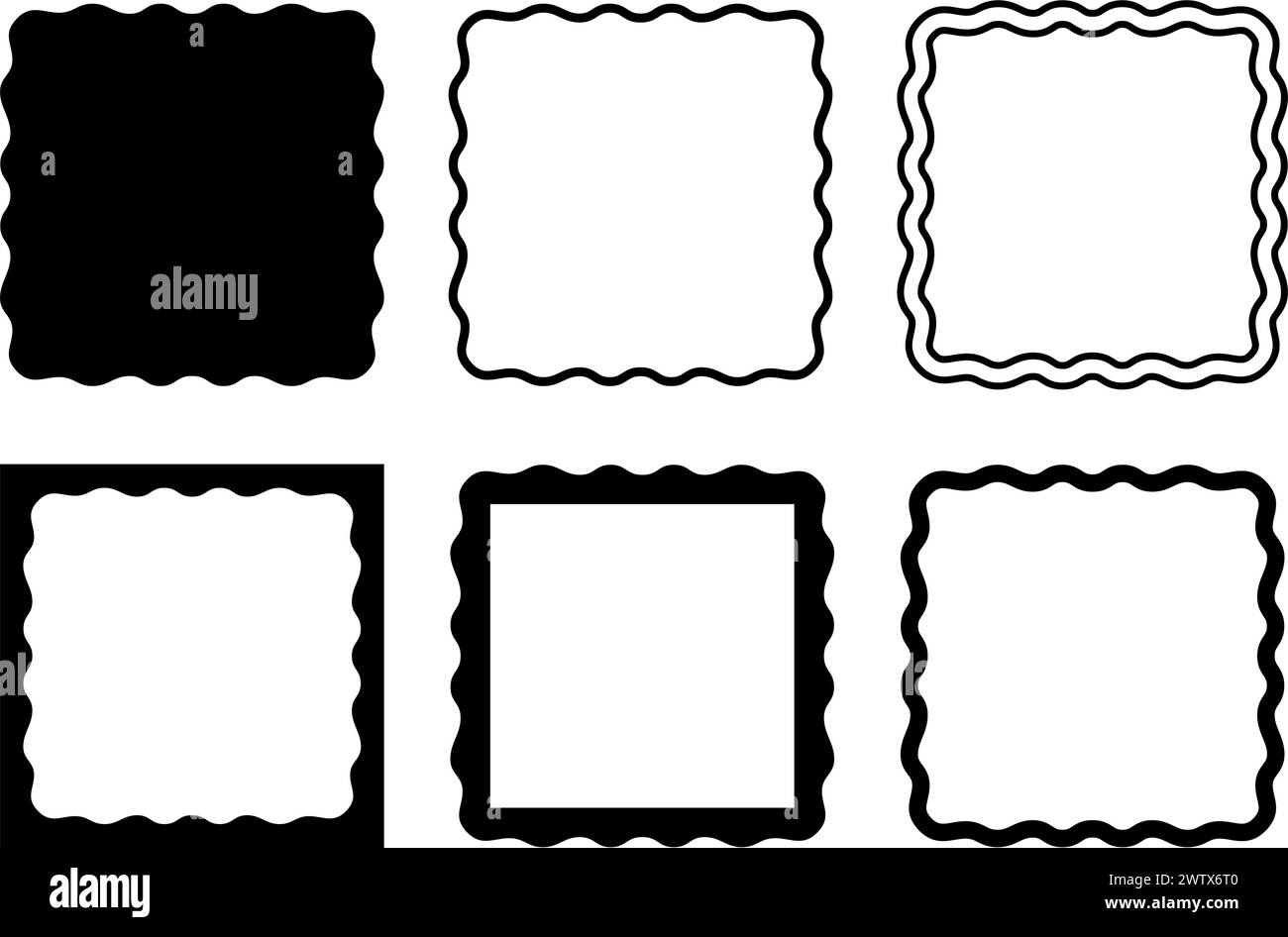 Set of different square frames with wiggly edges. Rectangular shapes with squiggly borders ...