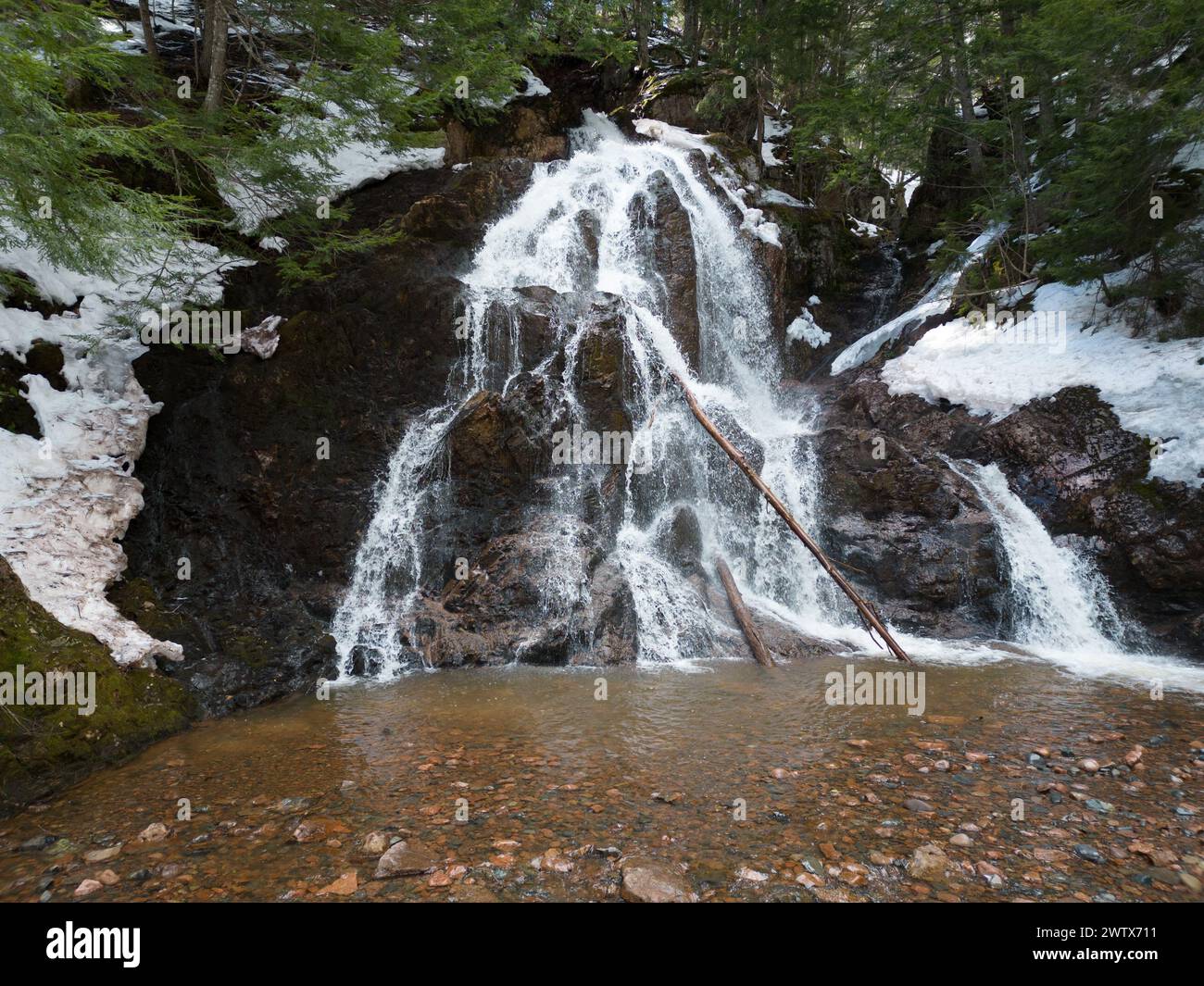A scenic waterfall cascading over rocks in a forest setting Stock Photo ...