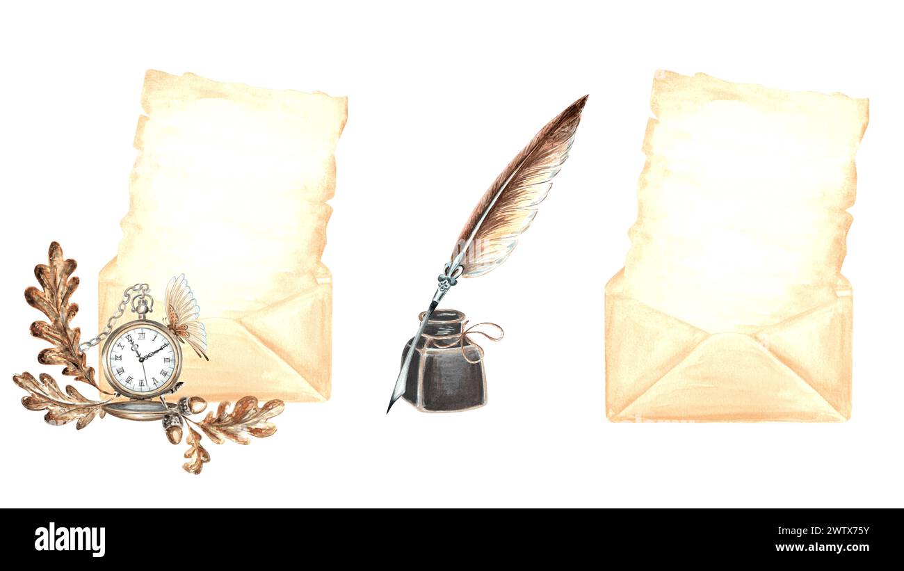 Set of vintage writing supplies. Parchment paper in envelope, feather ...