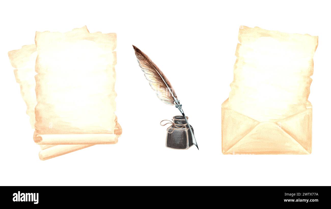 Set of vintage writing supplies. Parchment paper sheets and open ...