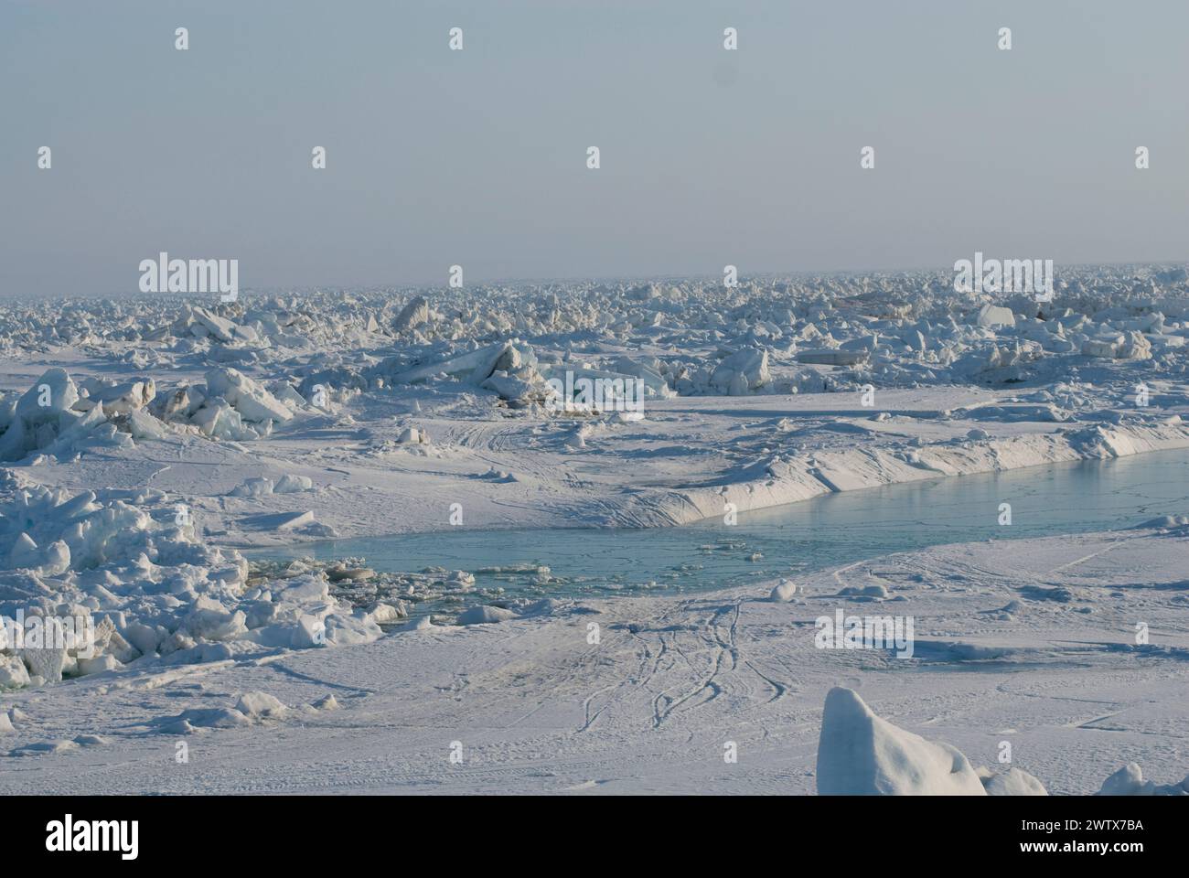 Seascape of rough trail pack ice over the Chukchi sea in springtime ...