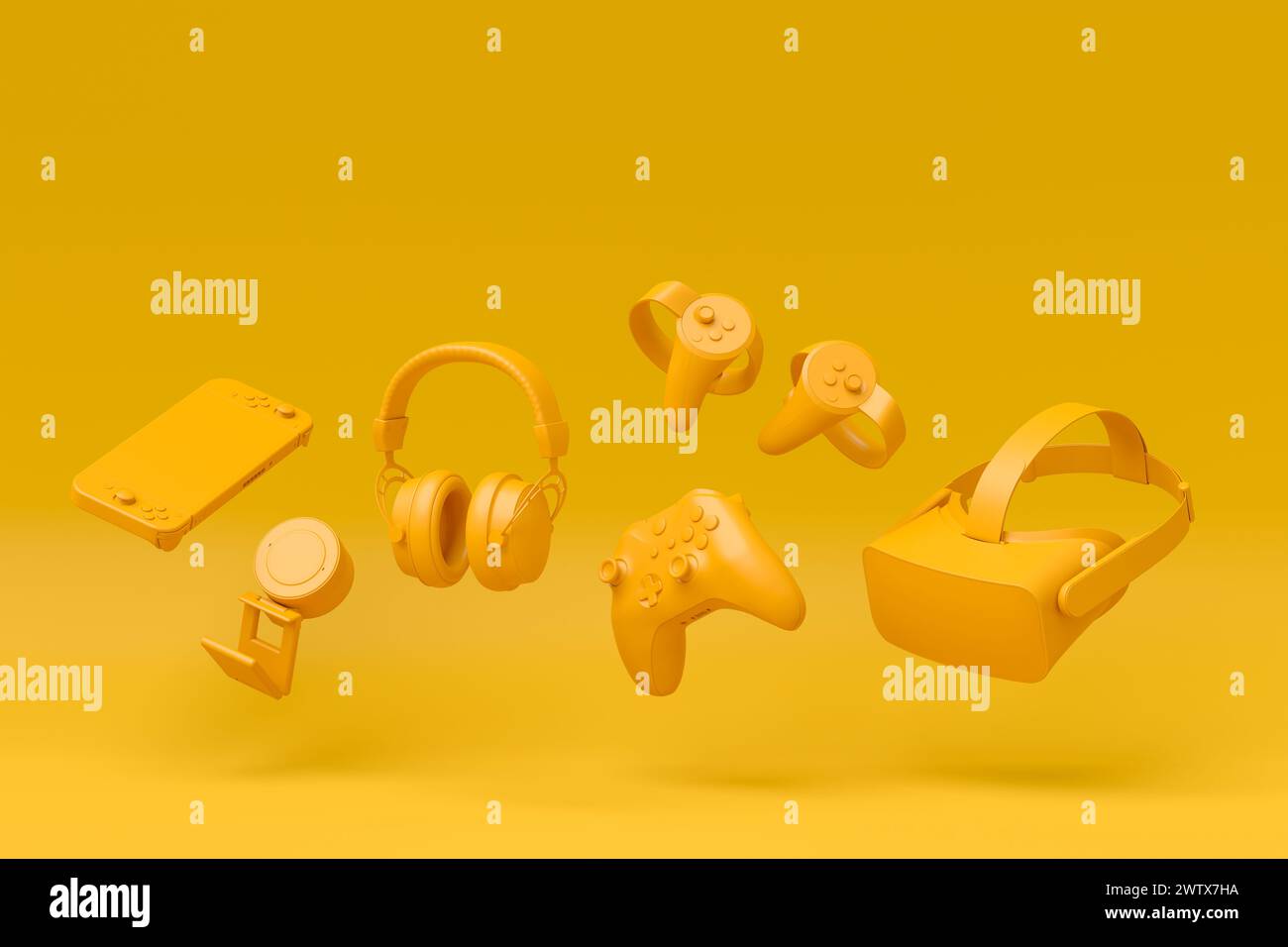 Flying gamer monochrome gears like mouse, keyboard, joystick, headset ...