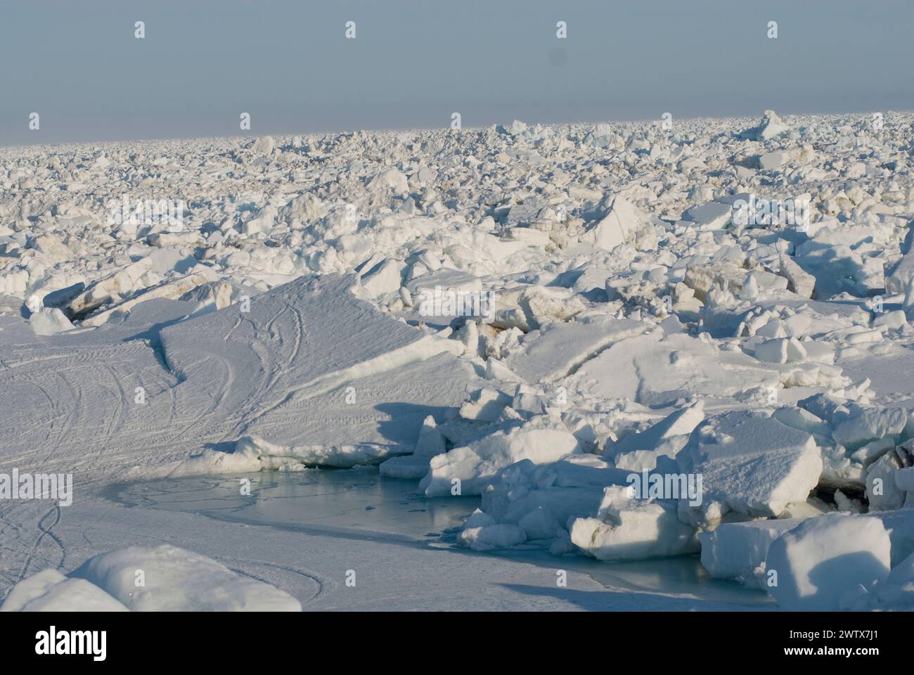 Seascape of rough trail pack ice over the Chukchi sea in springtime ...