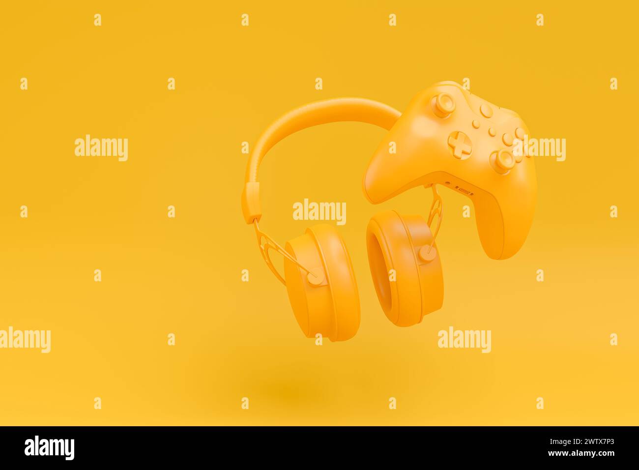 Flying monochrome gamer gears like headphones and joystick on ...