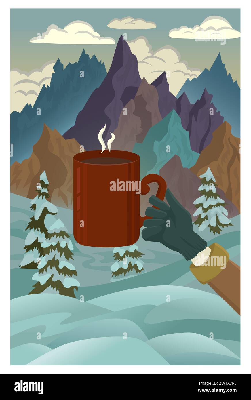 Vector cartoon illustration with hand holding coffee cup against winter ...
