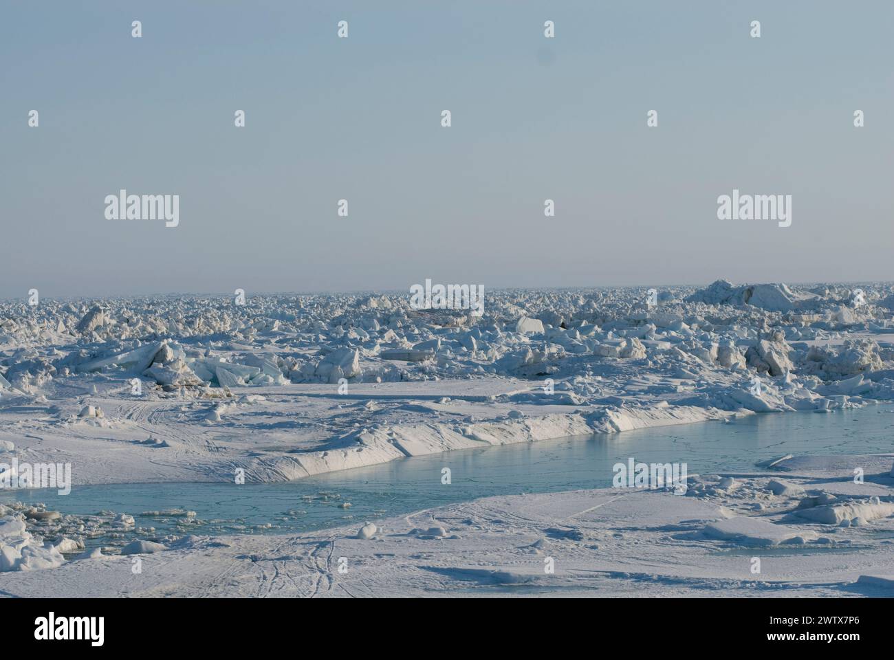 Seascape of rough trail pack ice over the Chukchi sea in springtime ...
