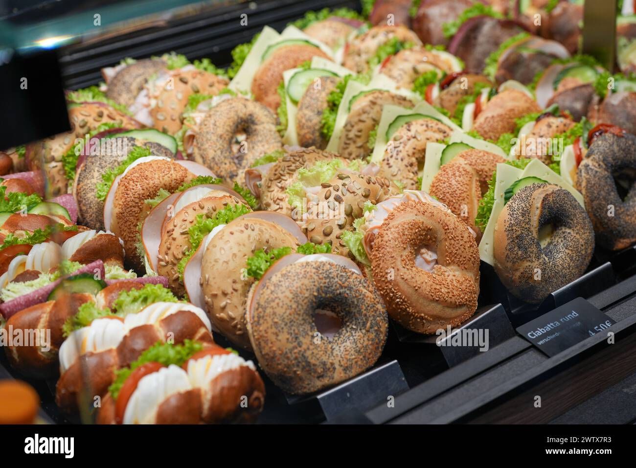 Hamburg, Germany. 20th Mar, 2024. Sandwiches are on display in a bakery ...