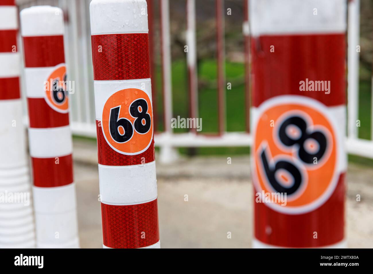 bollard with sticker with the number 68 in the Medienhafen (Media ...