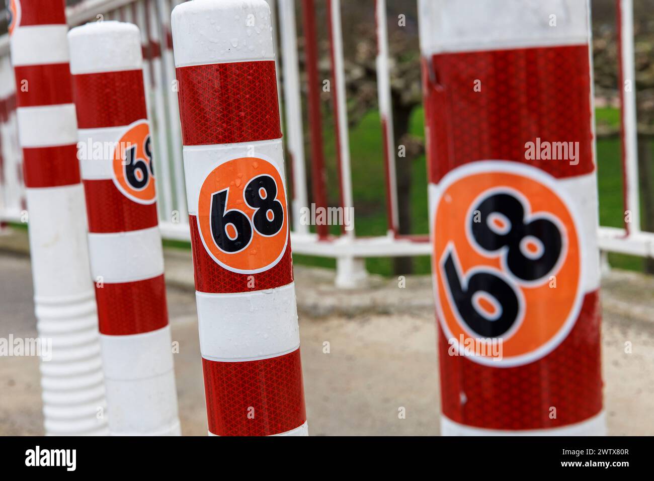 bollard with sticker with the number 68 in the Medienhafen (Media ...