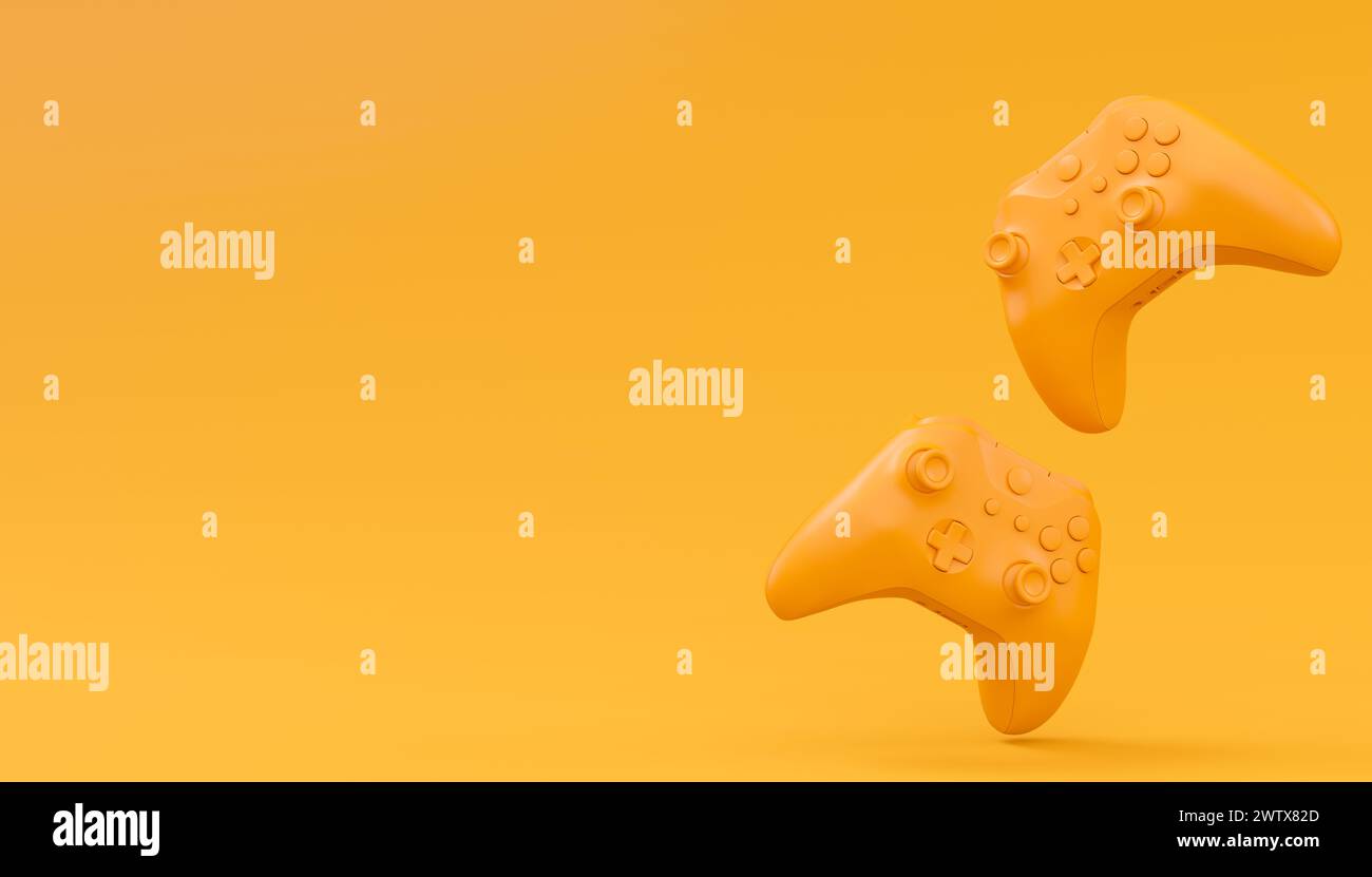 Video game joysticks or gamepads in plain monochrome yellow color ...