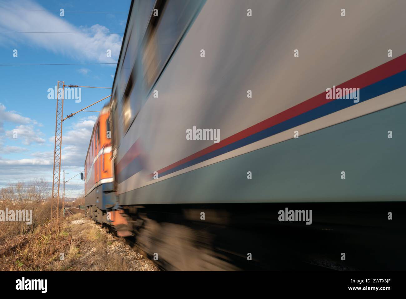 Train Passing With Motion Blur In Banja Luka Countryside Railroad Travel Passenger Train