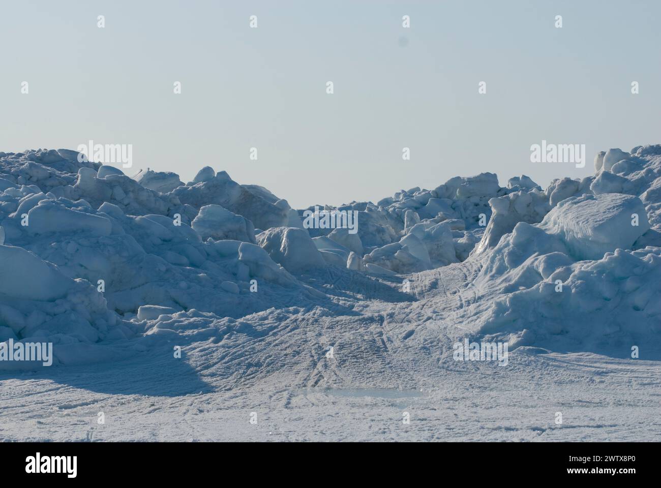 Seascape of rough trail pack ice over the Chukchi sea in springtime ...