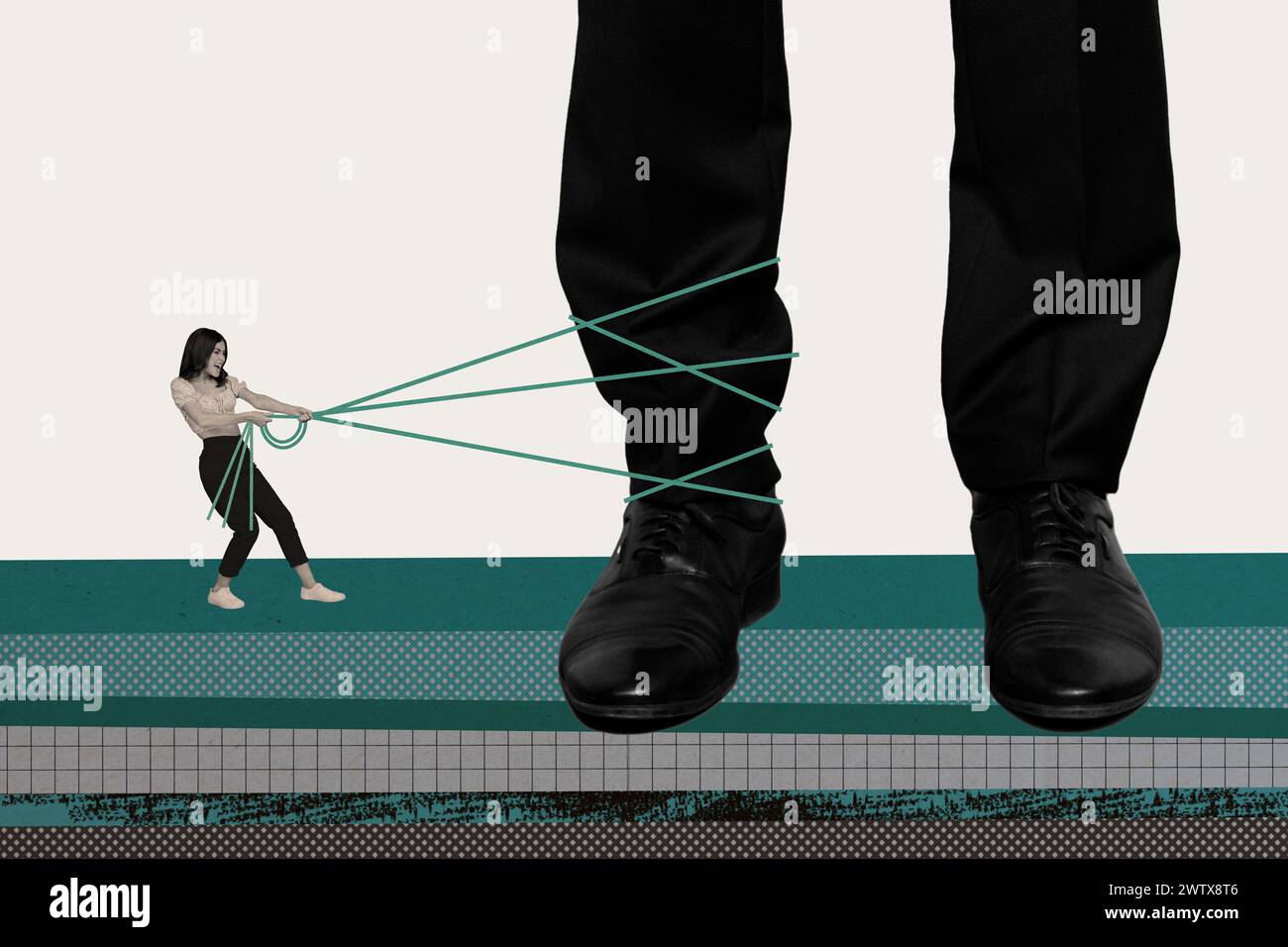 Composite photo collage of small scream girl pull huge male legs shoes ...