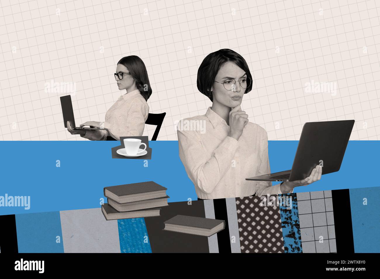 Collage illustration of two business people coworkers using computers ...