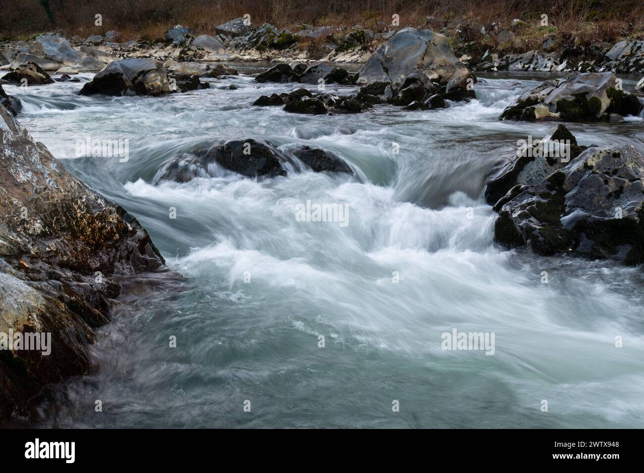 Rapid creek flow around wet rocks, mountain stream during blue hour ...