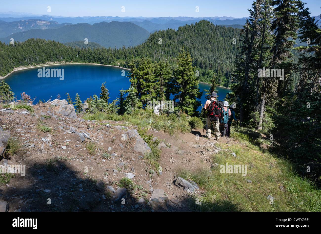 Three people hiking the Summit Lake trail. Mt Rainier National Park ...
