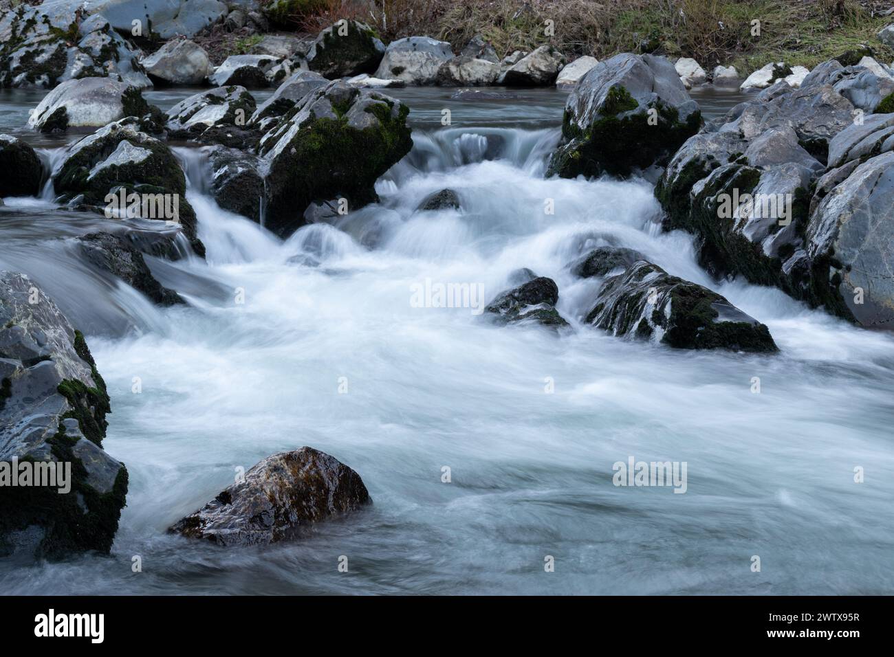 Rapid creek flow around wet rocks, mountain stream during blue hour ...