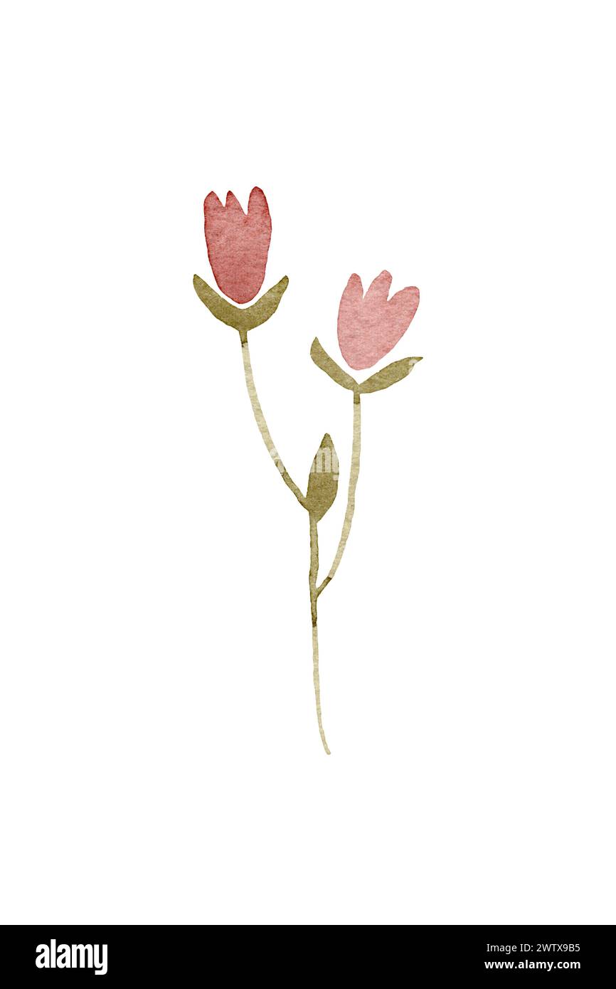 Simple abstract hand drawn red flower. Spring botanical flat watercolor ...