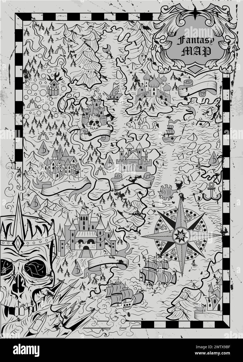 Vintage fantasy map with unknown land, ships, skull, compass and ...