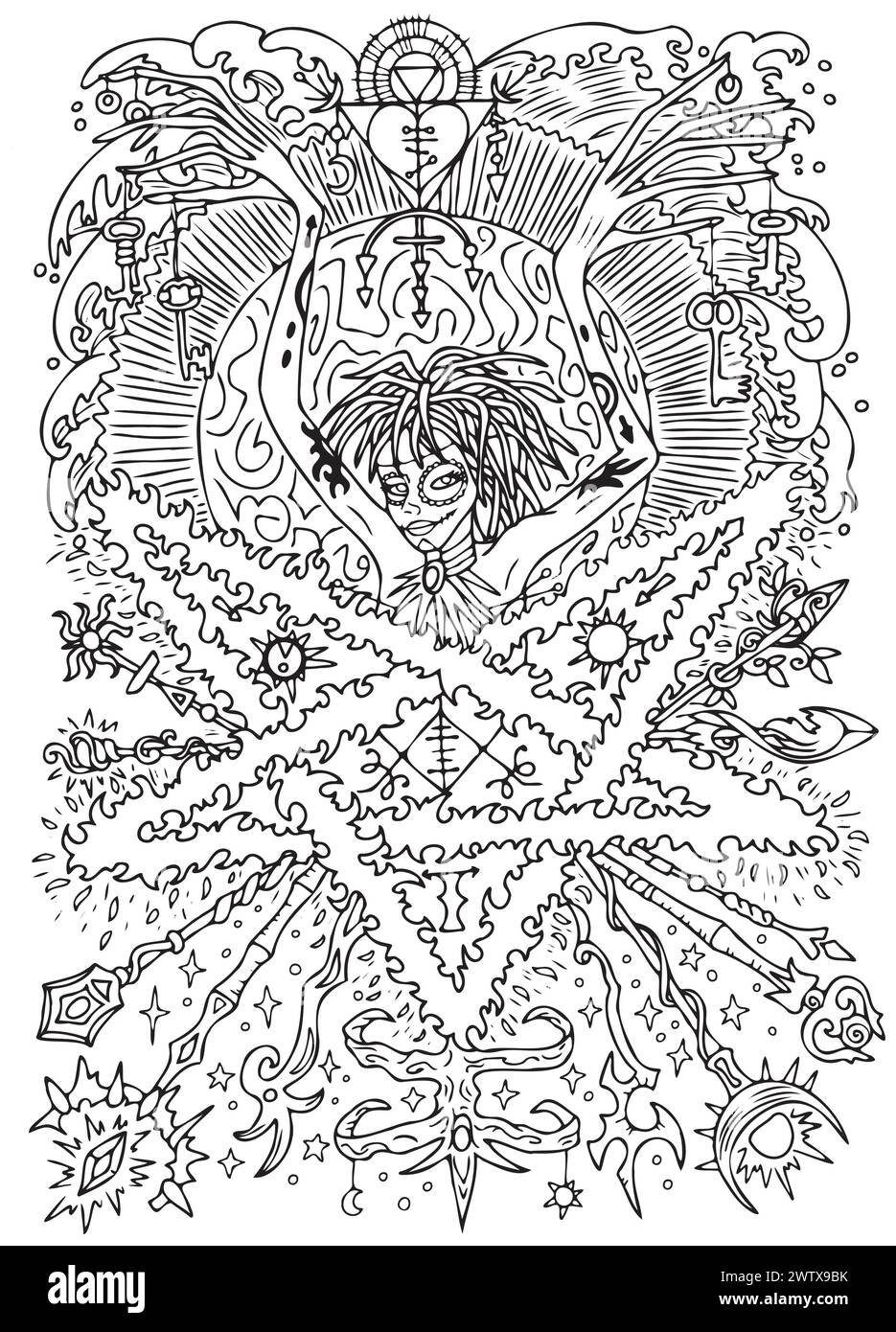 Fantasy engraved illustration with beautiful african woman as witch or ...