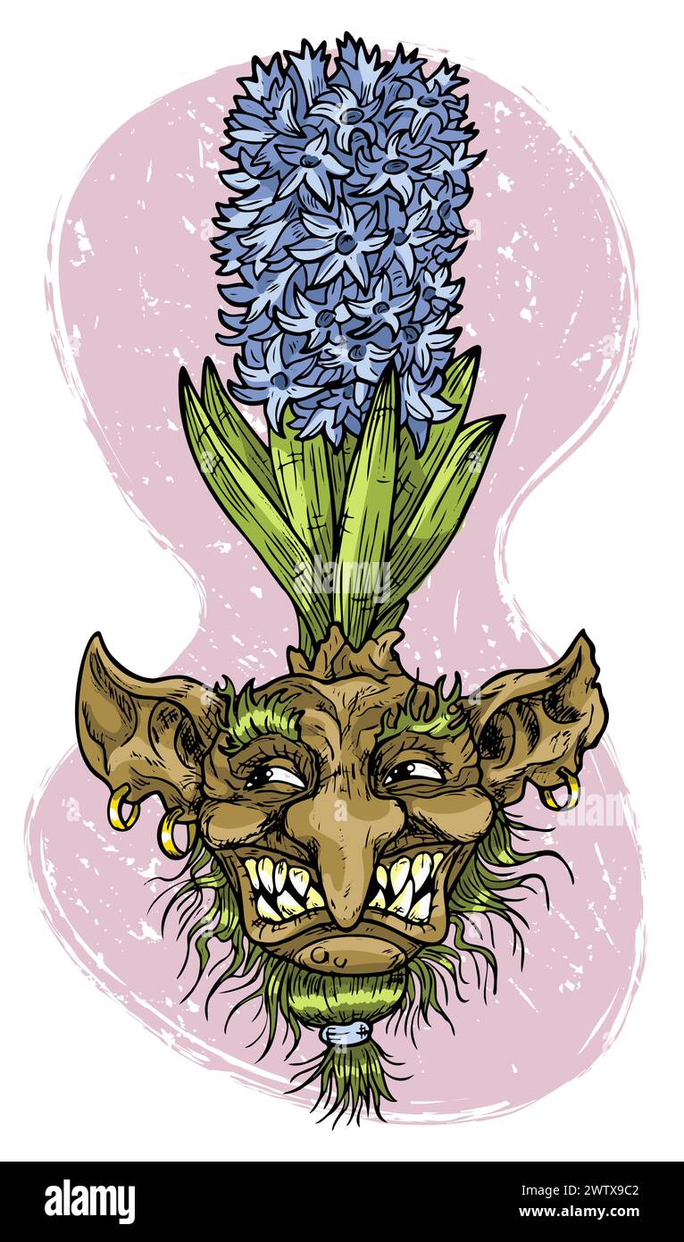 Hand drawn colorful vector illustration with engraved funny demon or ...