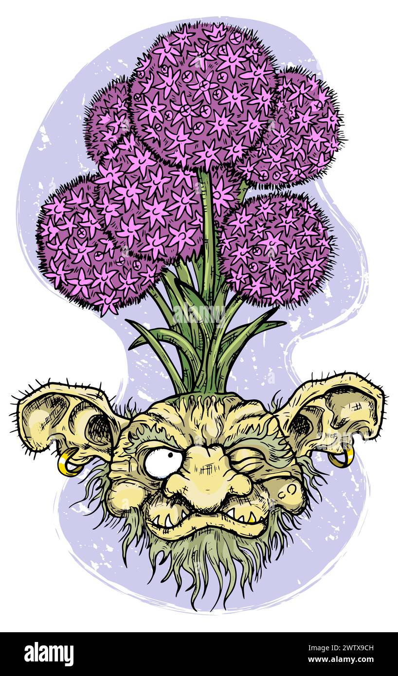 Hand drawn colorful vector illustration with engraved funny demon or ...