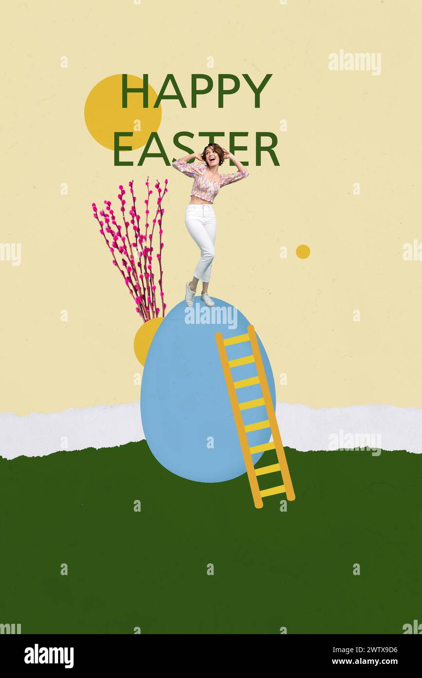 Vertical photo collage of happy girl dance huge easter egg ladder grass ...