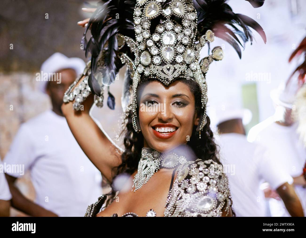 Portrait, happy woman and dancer at carnival with band for performance, party or celebration ...