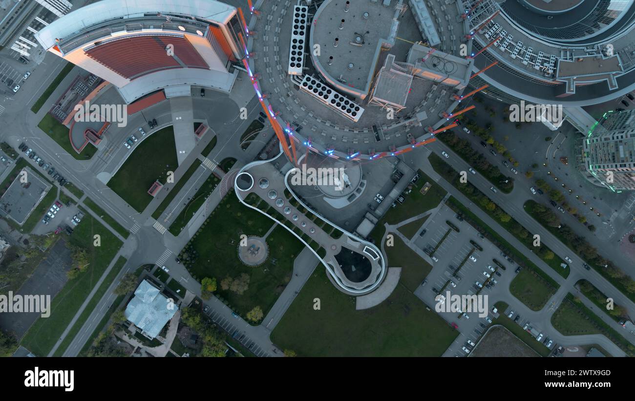 Modern glowing high-rise in daytime. Stock footage. Top view of modern ...