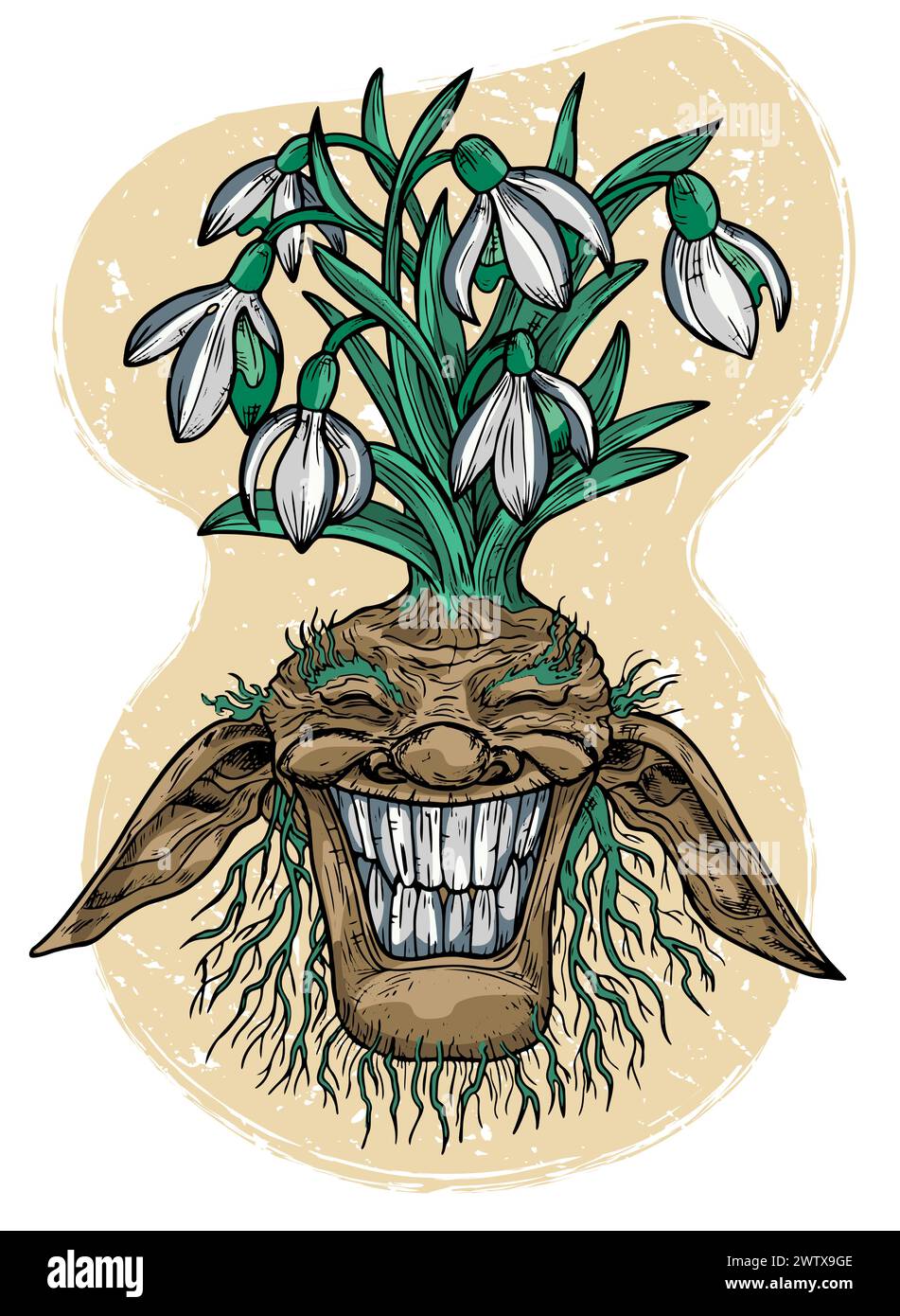 Hand drawn colorful vector illustration with engraved funny demon or ...