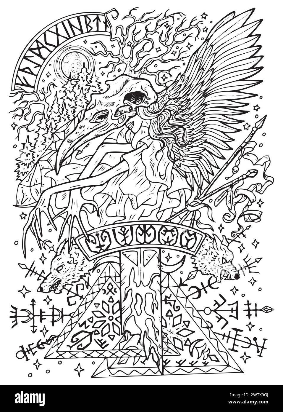 Fantasy engraved illustration with beautiful scandinavian woman as ...