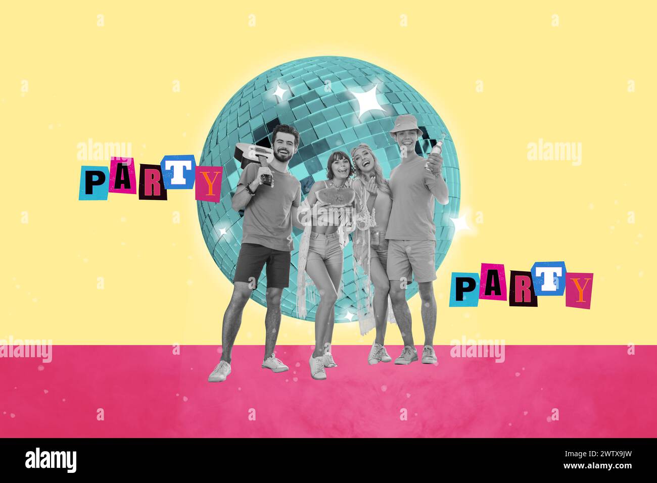 Photo collage artwork minimal picture of smiling buddies enjoying ...